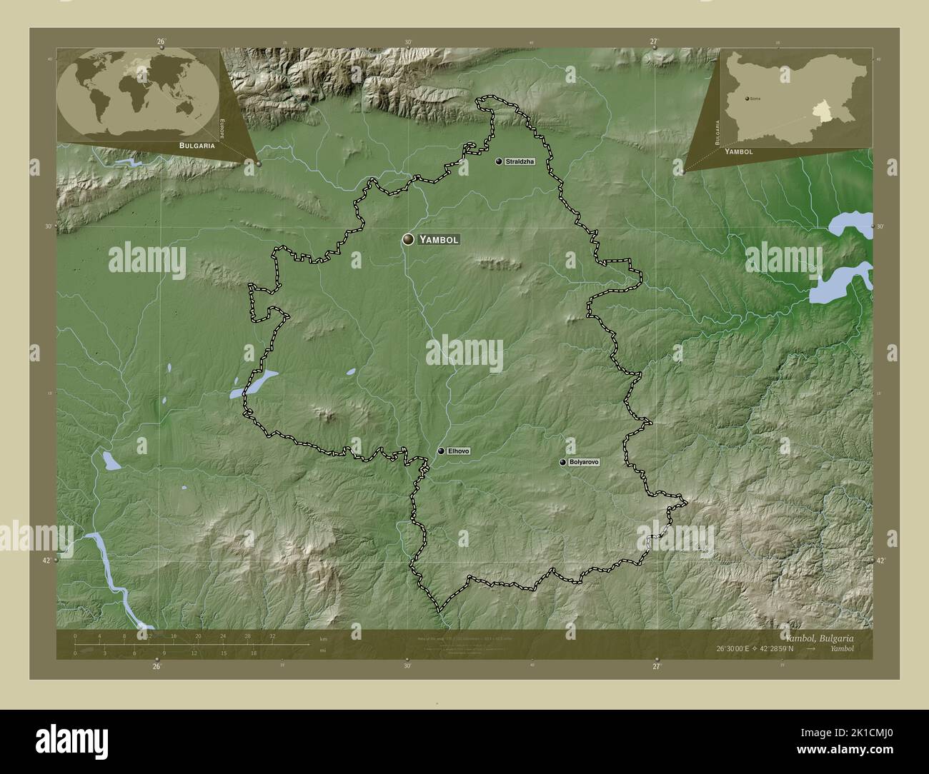 Yambol, province of Bulgaria. Elevation map colored in wiki style with ...
