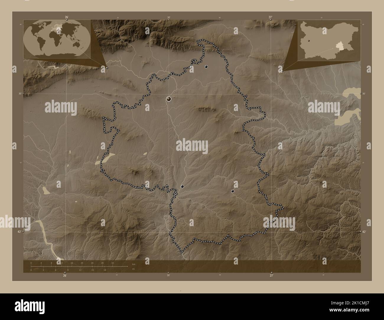 Yambol, province of Bulgaria. Elevation map colored in sepia tones with ...