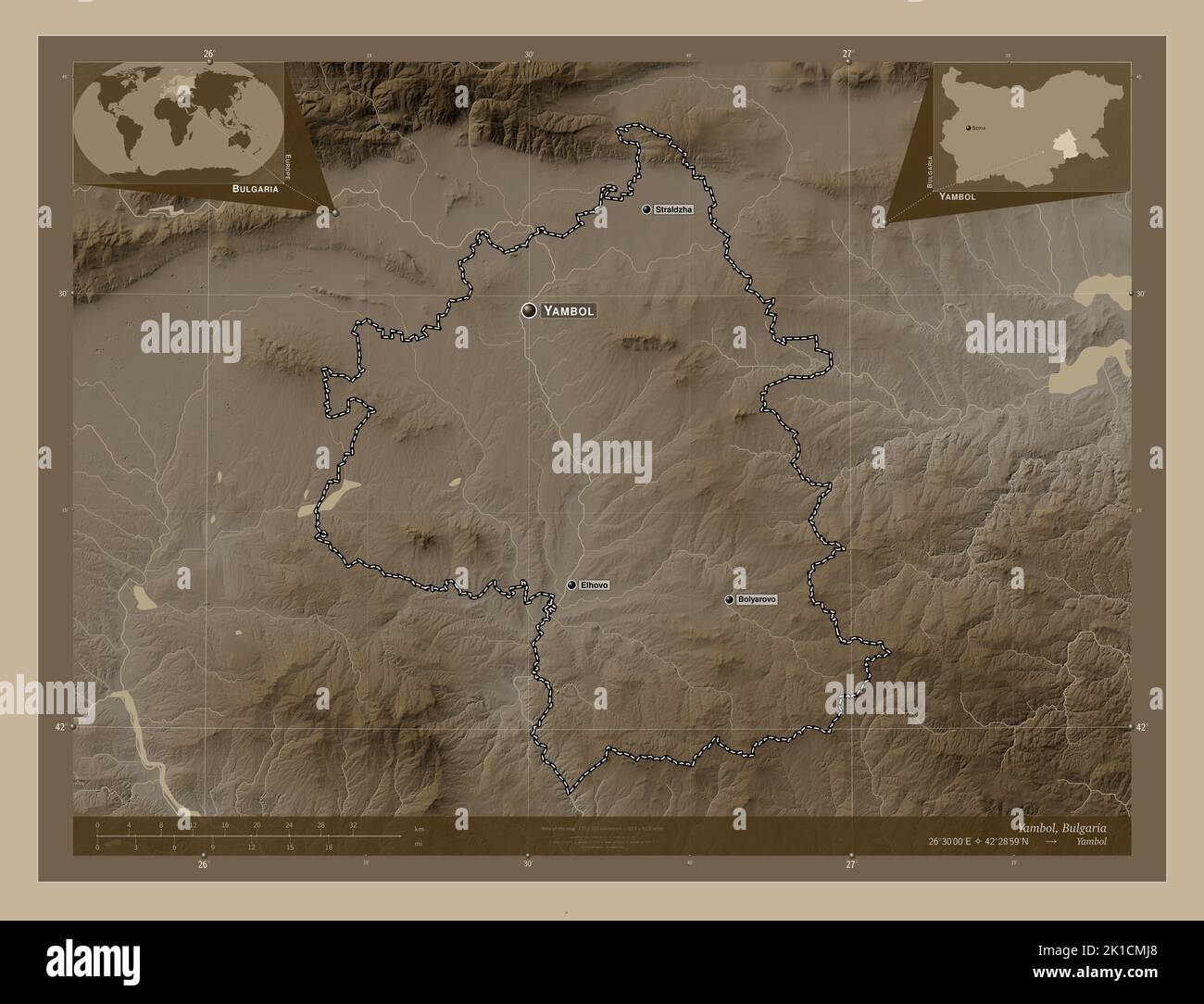 Yambol, province of Bulgaria. Elevation map colored in sepia tones with ...
