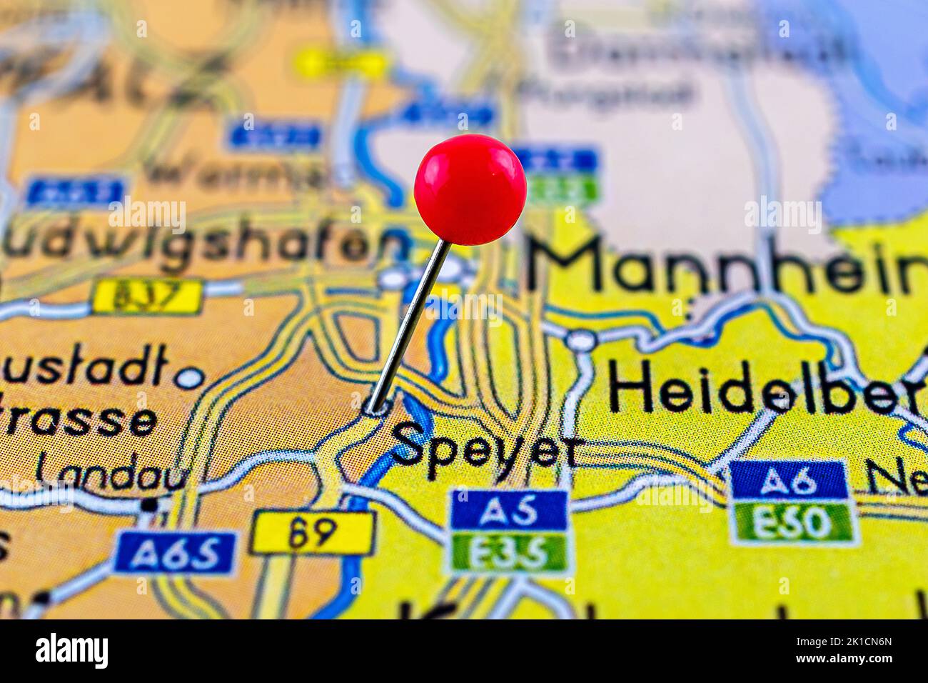 Speyer map. Close up of Speyer map with red pin. Map with red pin point ...