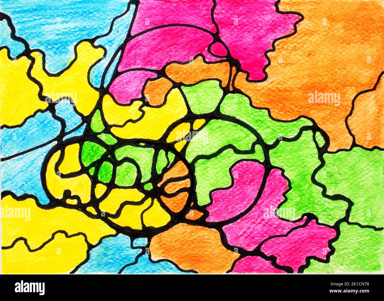 One drawing is an abstraction drawn with colored pencils, macro, top ...