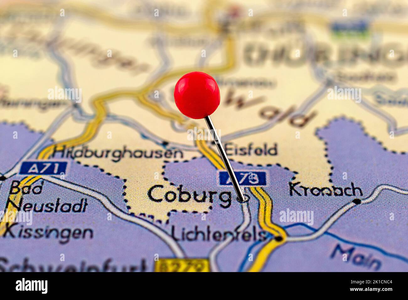 Coburg map. Close up of Coburg map with red pin. Map with red pin point ...