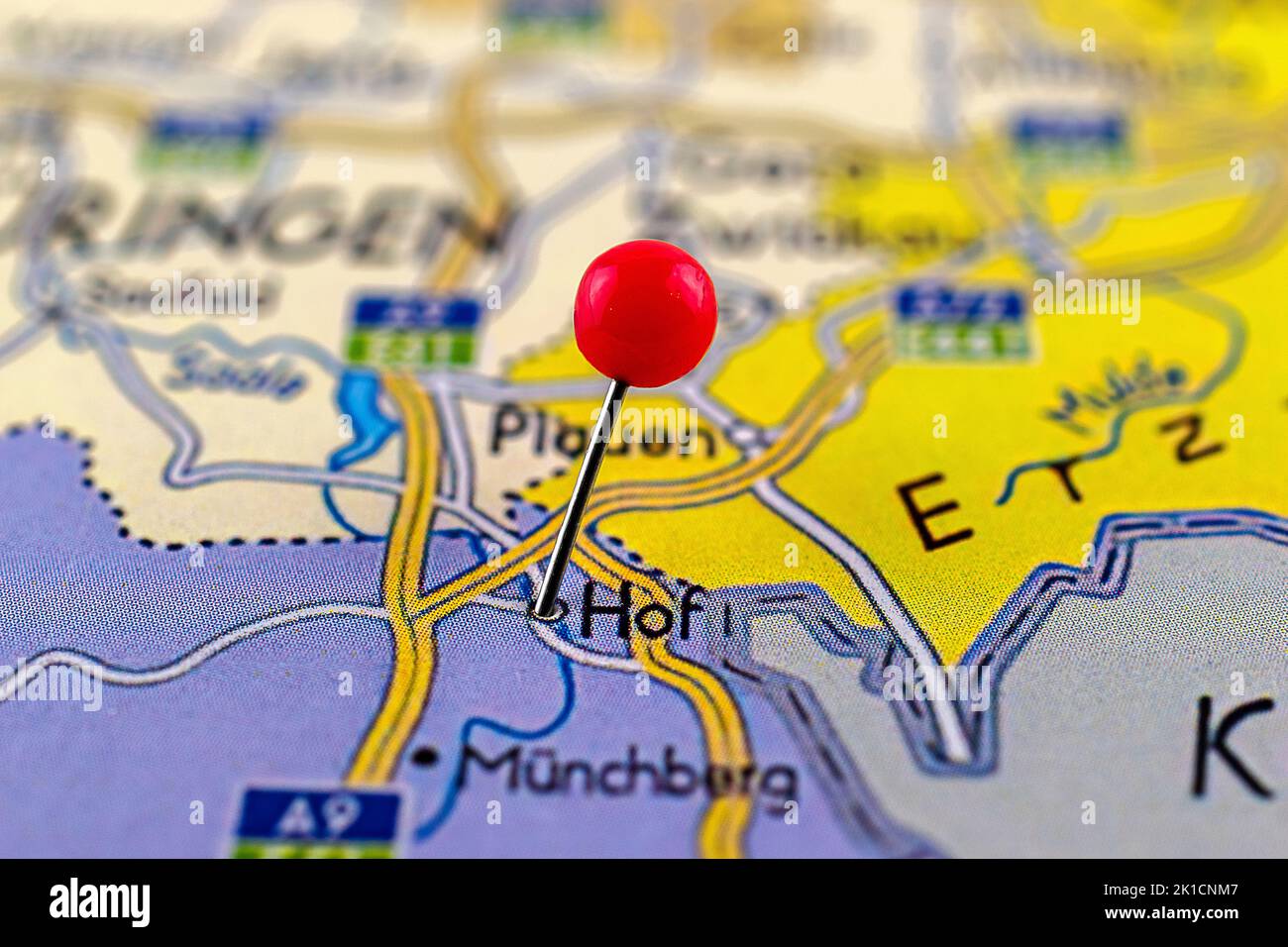 Hof map. Close up of Hof map with red pin. Map with red pin point of ...