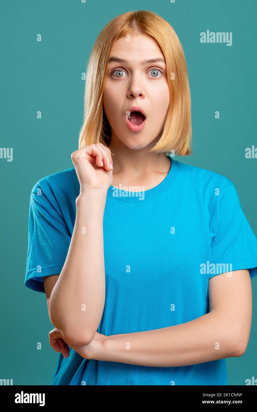 Blonde woman omg open mouth isolated hi-res stock photography and ...