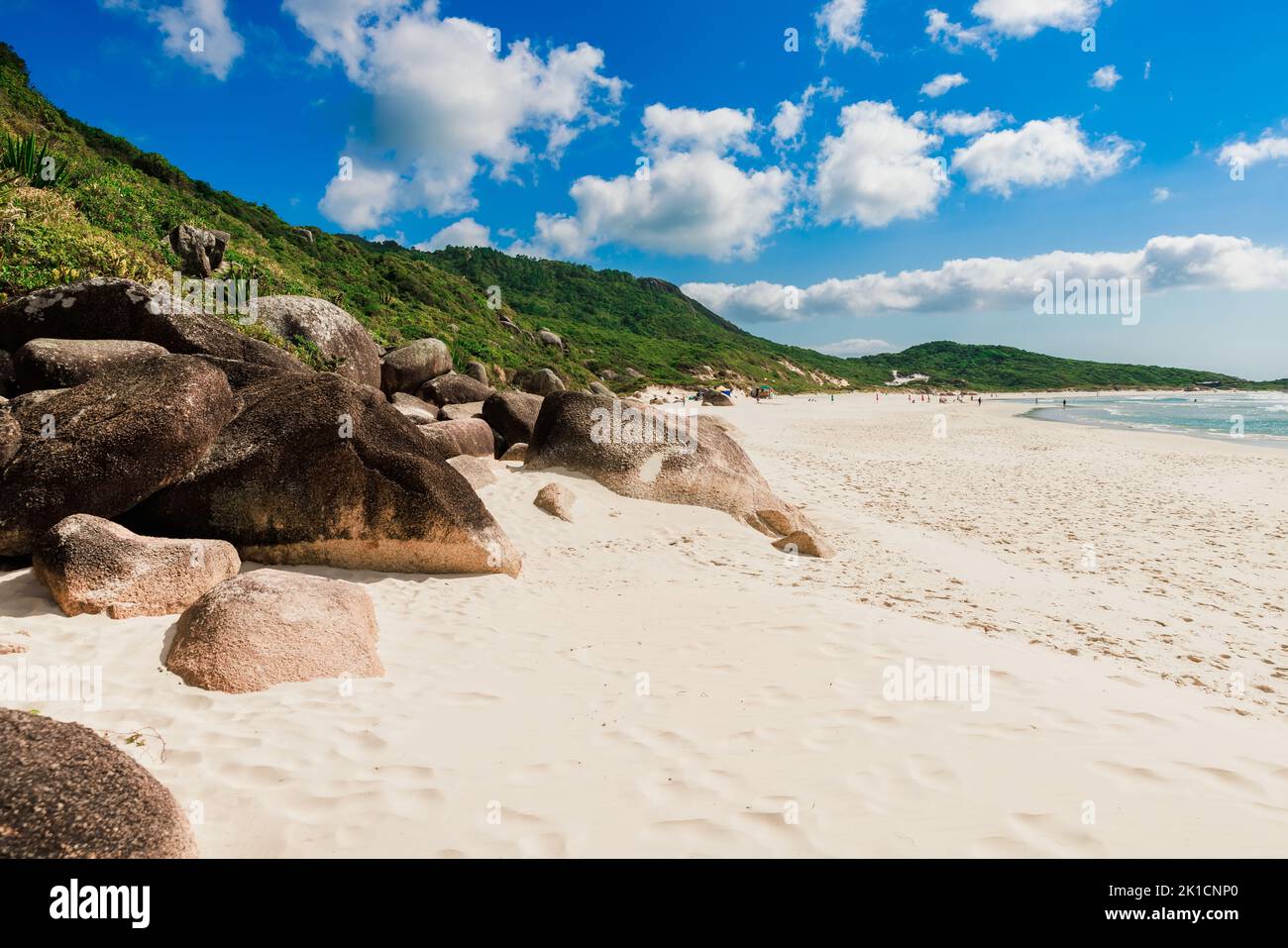 Praia da Galheta beach with rocks and ocean. Holiday banner in Brazil ...