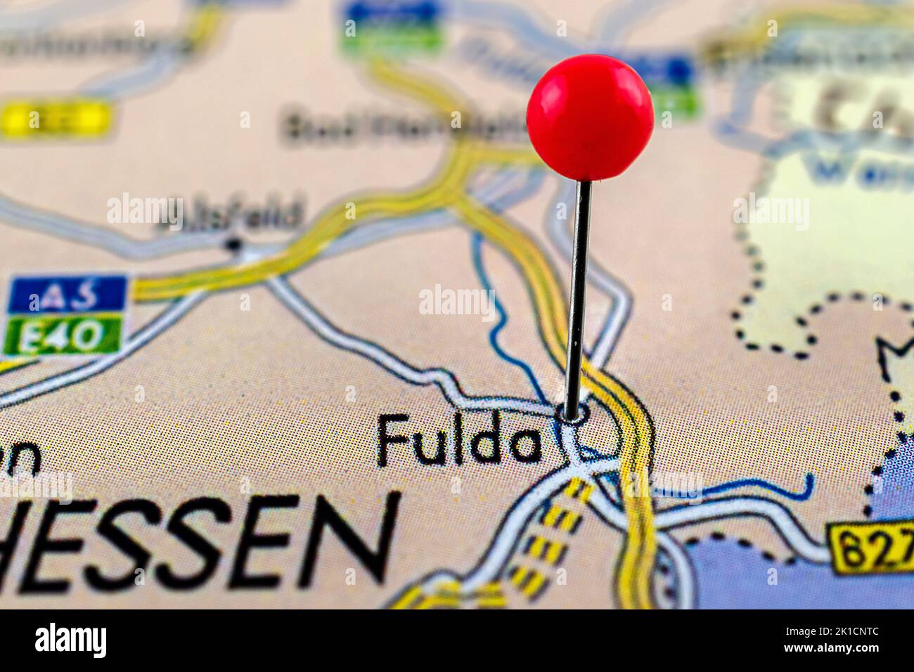 Fulda map. Close up of Fulda map with red pin. Map with red pin point ...