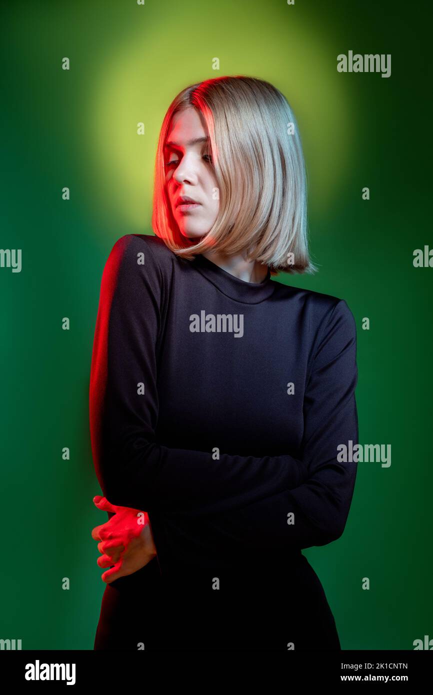 Angel woman portrait. Esoteric healing. Tender lady in black dress with ...