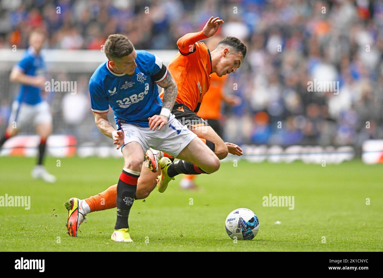 Glasgow, UK. 17th September 2022. Ryan Kent of Rangers and Jamie ...