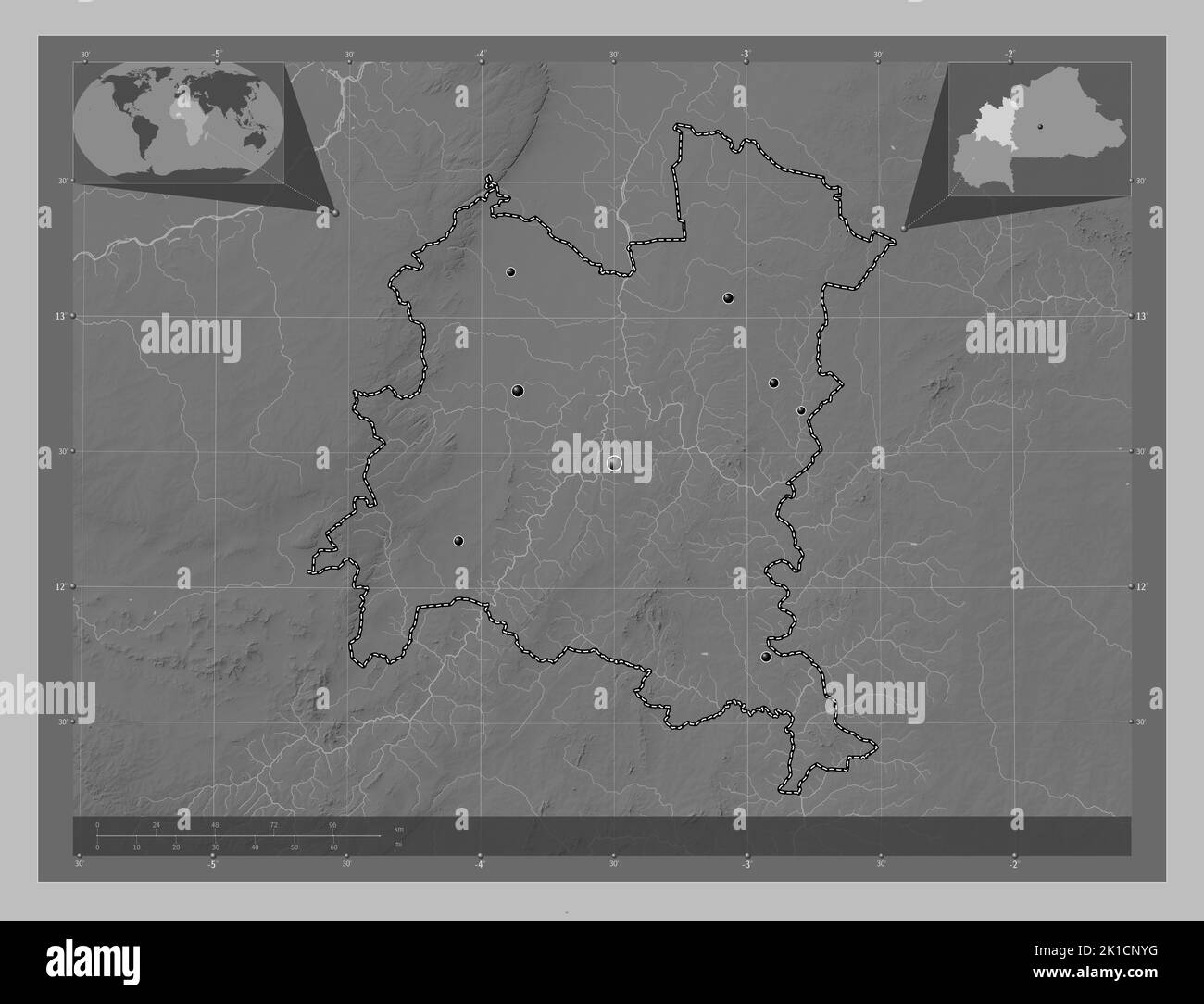Boucle du Mouhoun, region of Burkina Faso. Grayscale elevation map with ...