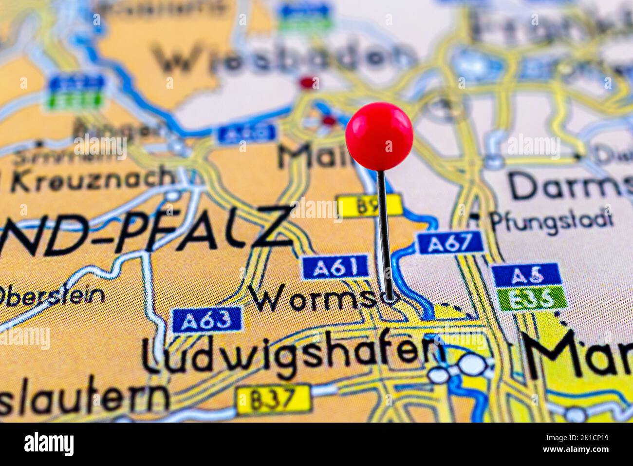 Worms map. Close up of Worms map with red pin. Map with red pin point of Worms in Germany Stock ...