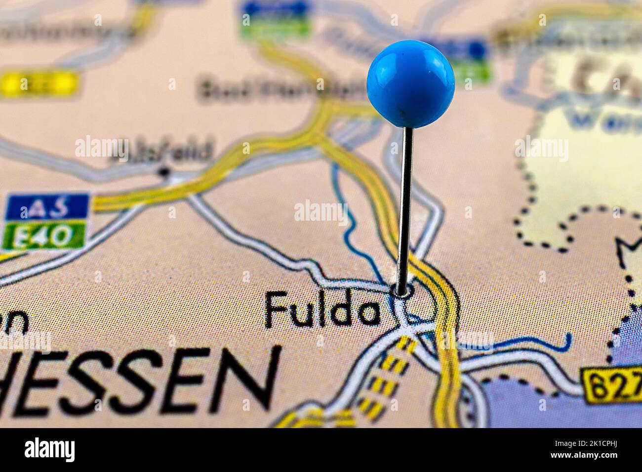 Fulda map. Close up of Fulda map with blue pin. Map with red pin point ...