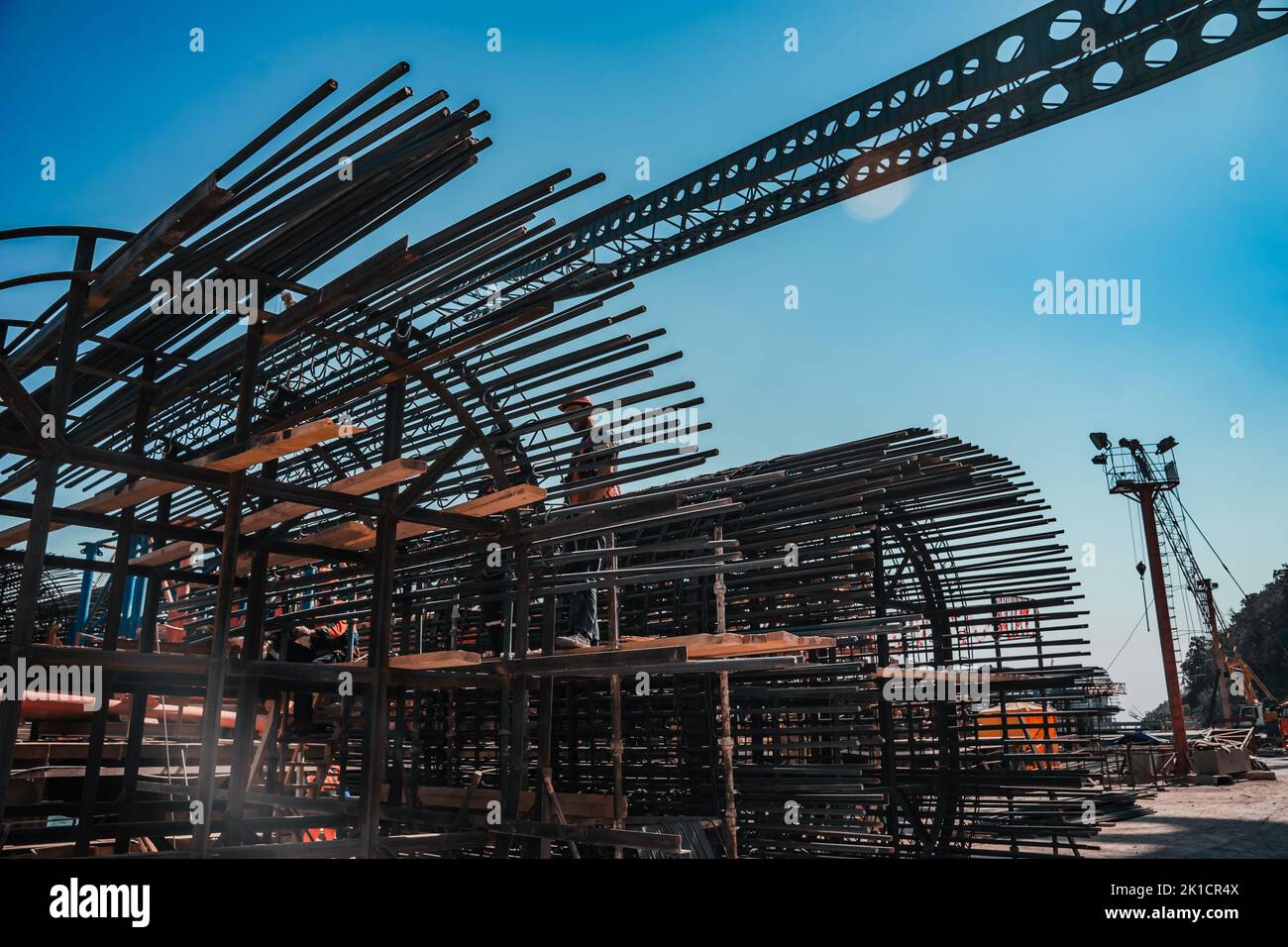 Tatarstan, Russia. August 26, 2022. Rebar to build a bridge column ...
