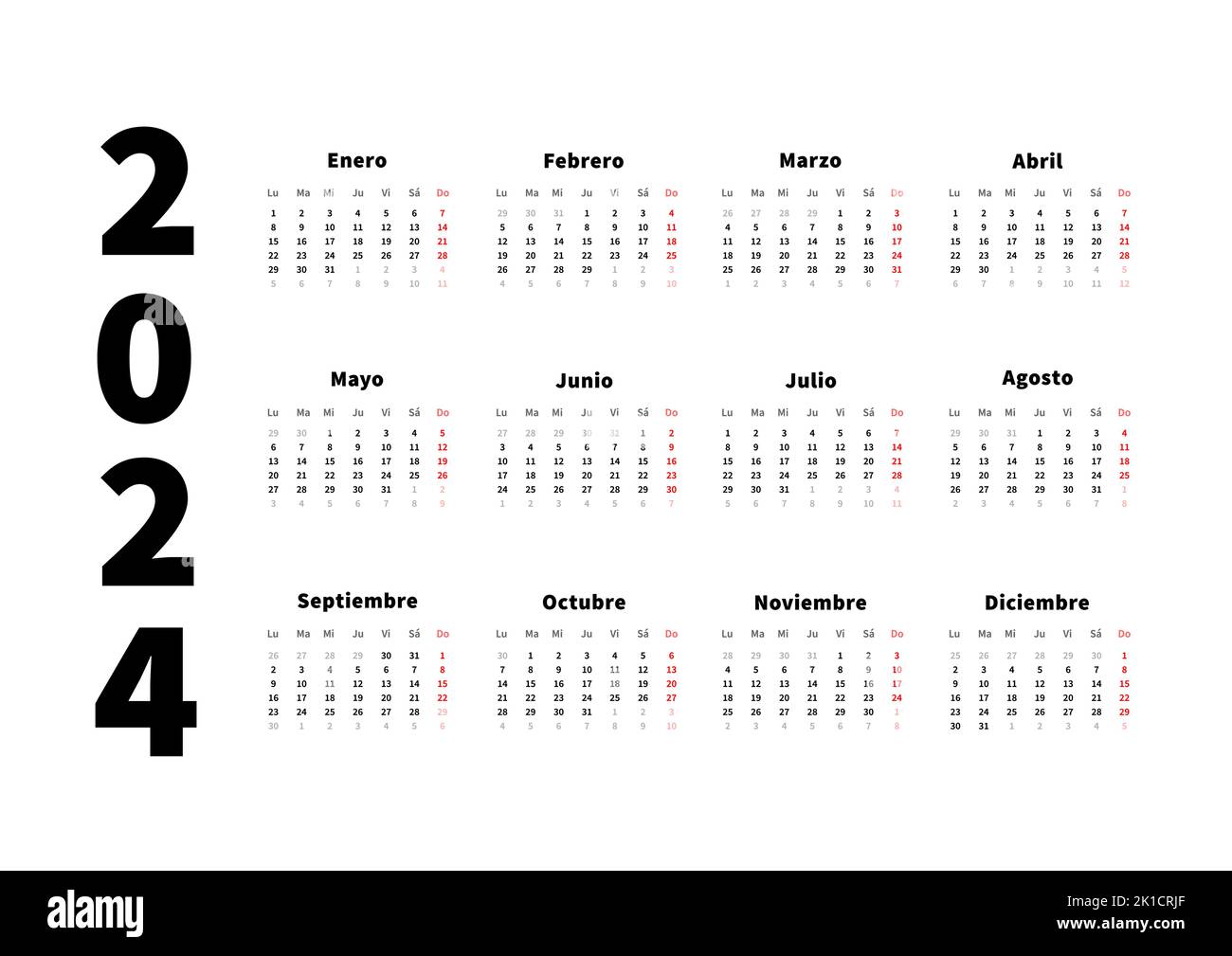 2024 year simple horizontal calendar in spanish language, typographic ...