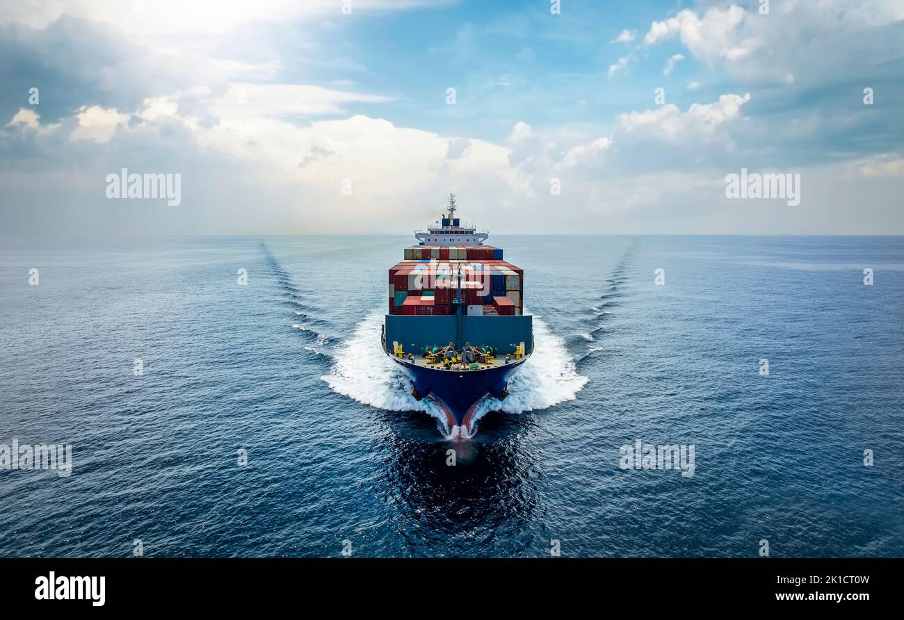 Aerial front view of a loaded container cargo vessel Stock Photo - Alamy