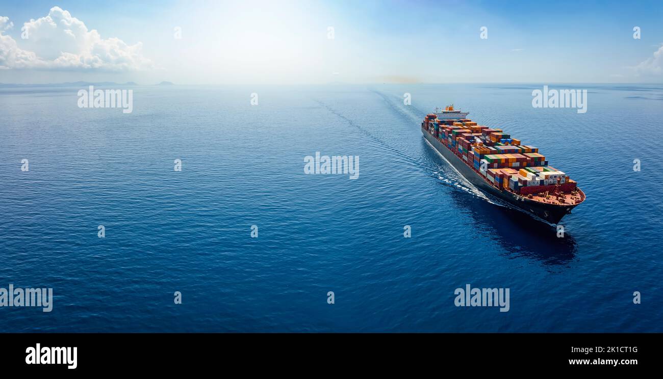 Aerial panorama of a cargo ship carrying containers Stock Photo - Alamy