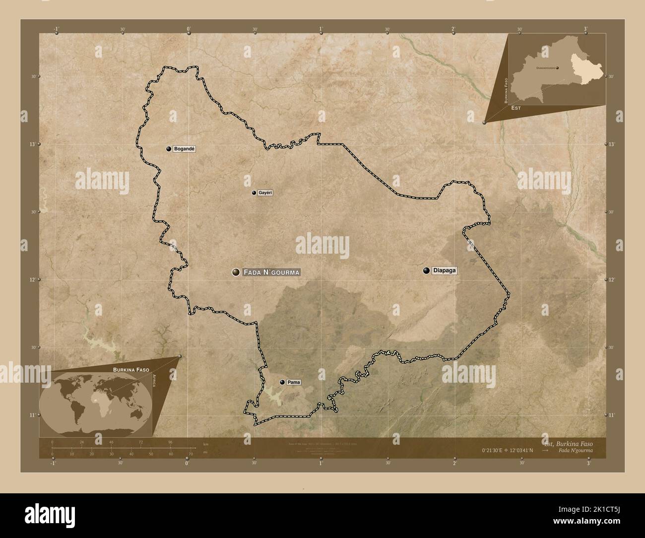 Est, region of Burkina Faso. Low resolution satellite map. Locations ...