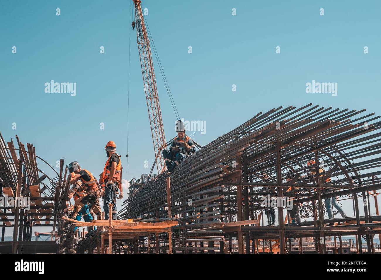 Tatarstan, Russia. August 26, 2022. Rebar to build a bridge column ...