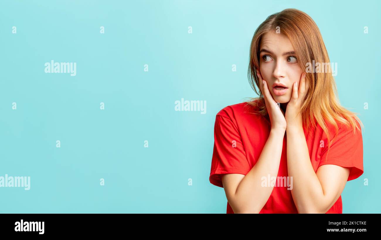 Overwhelmed woman. Disturbing information. Portrait of confused lady in ...