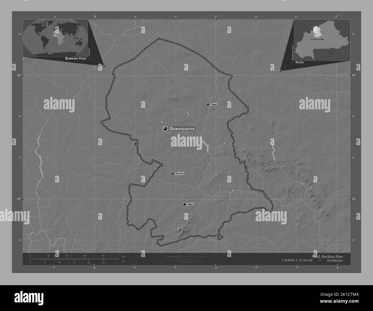 Nord, region of Burkina Faso. Bilevel elevation map with lakes and ...
