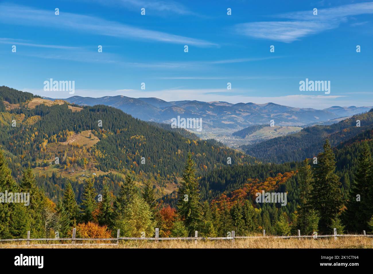 Colorful autumn landscape scene with fence in Transylvania mountain ...