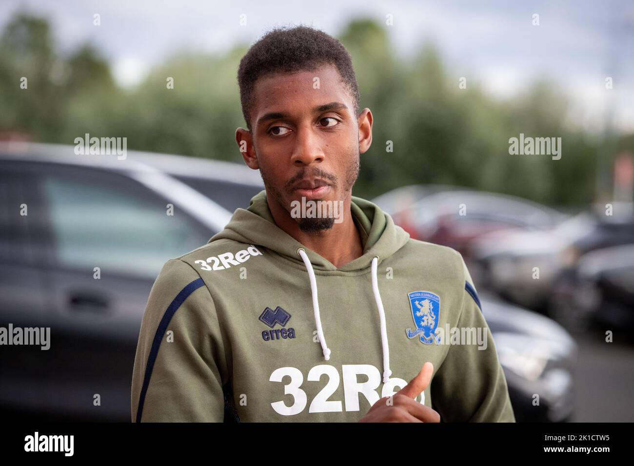Isaiah Jones #2 of Middlesbrough arrives at The Riverside Stadium ahead ...