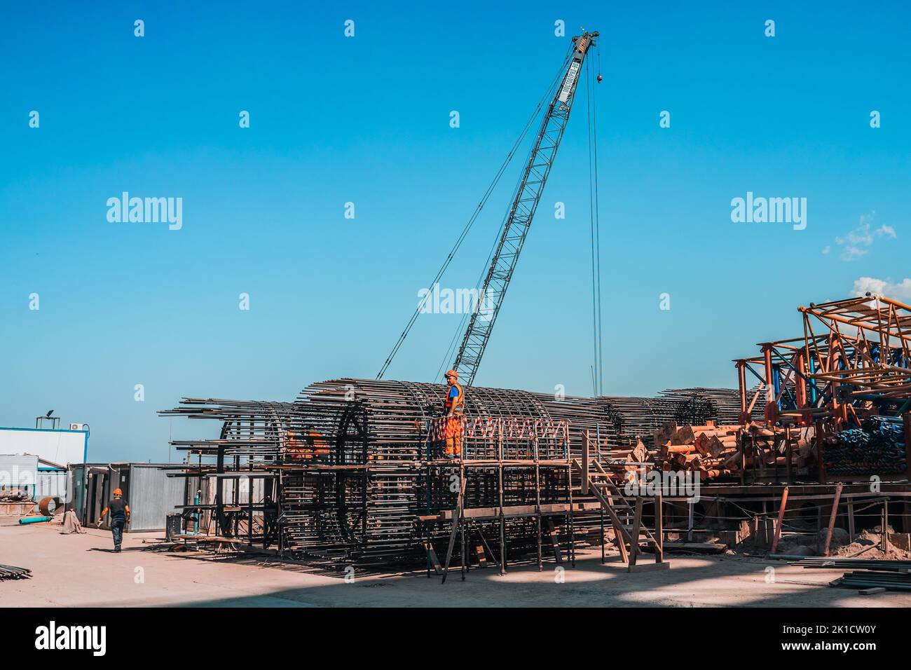 Tatarstan, Russia. August 26, 2022. Rebar to build a bridge column ...