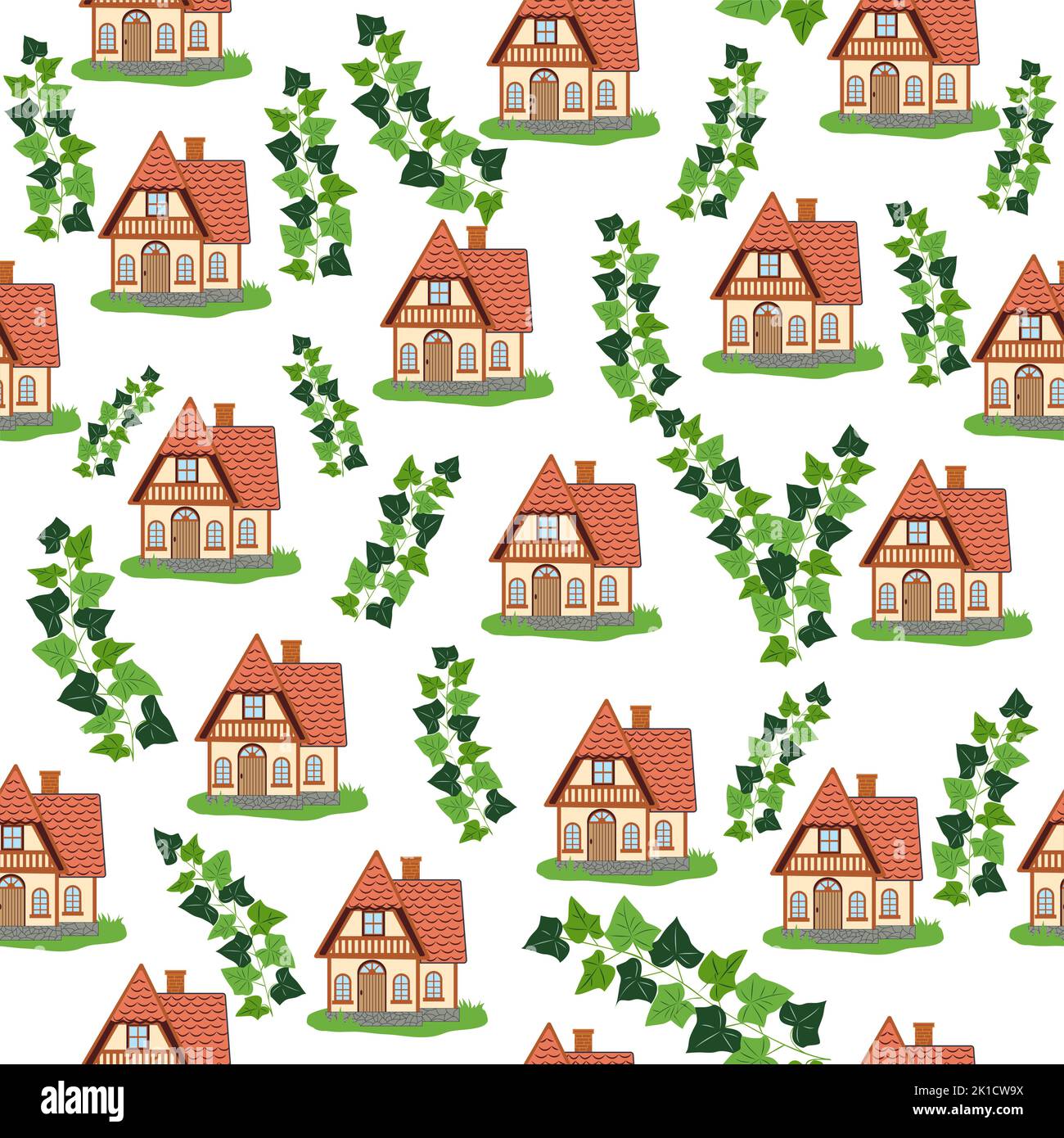 Seamless pattern with houses and ivy branches, plants, English old ...