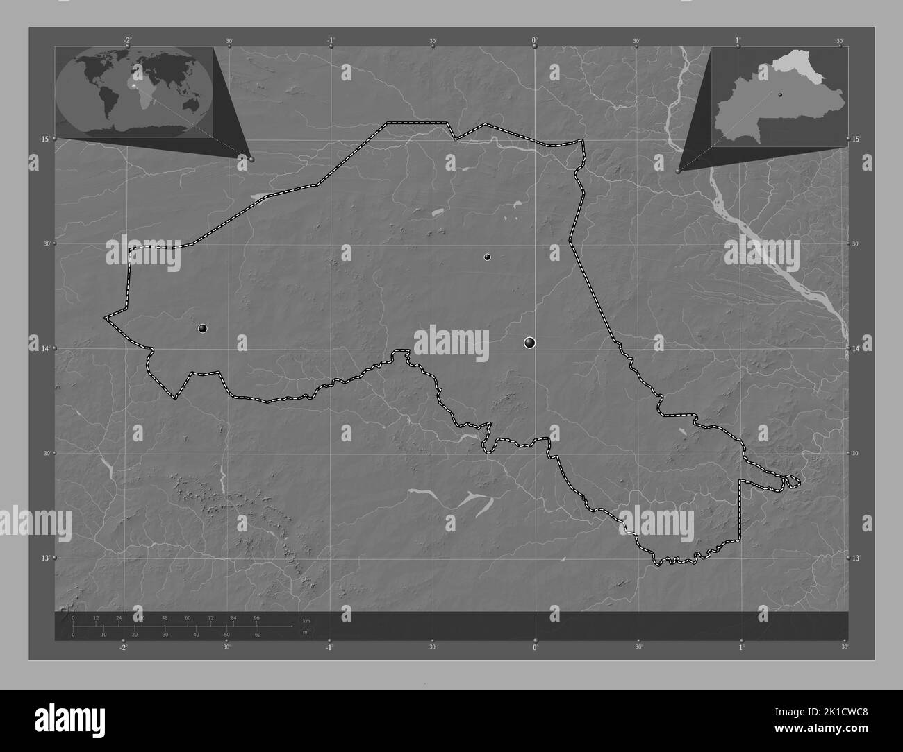 Sahel, region of Burkina Faso. Bilevel elevation map with lakes and ...