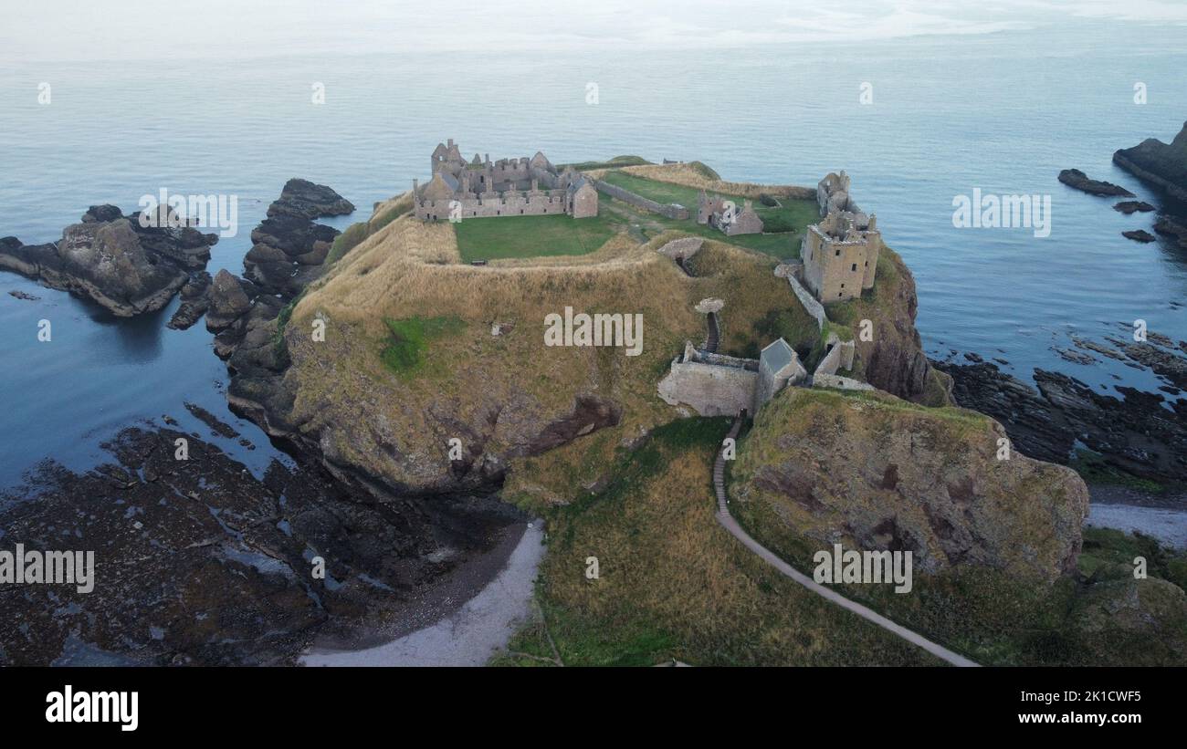 An aerial shot of the Dunnottar Castle in Stonehaven, Scotland Stock ...