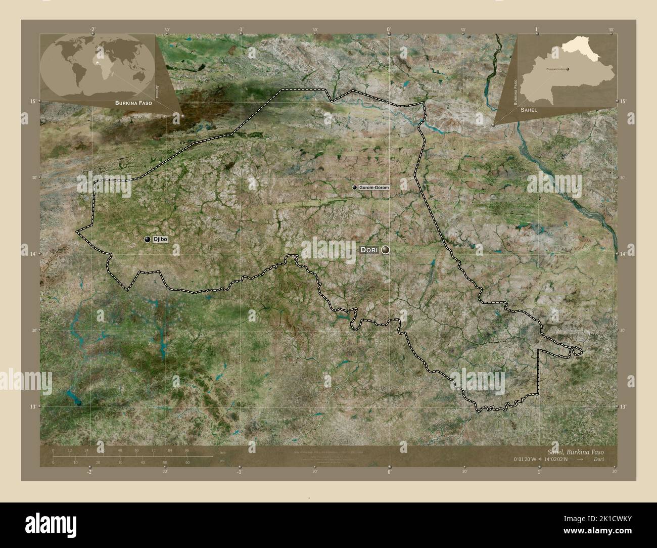Sahel, region of Burkina Faso. High resolution satellite map. Locations ...