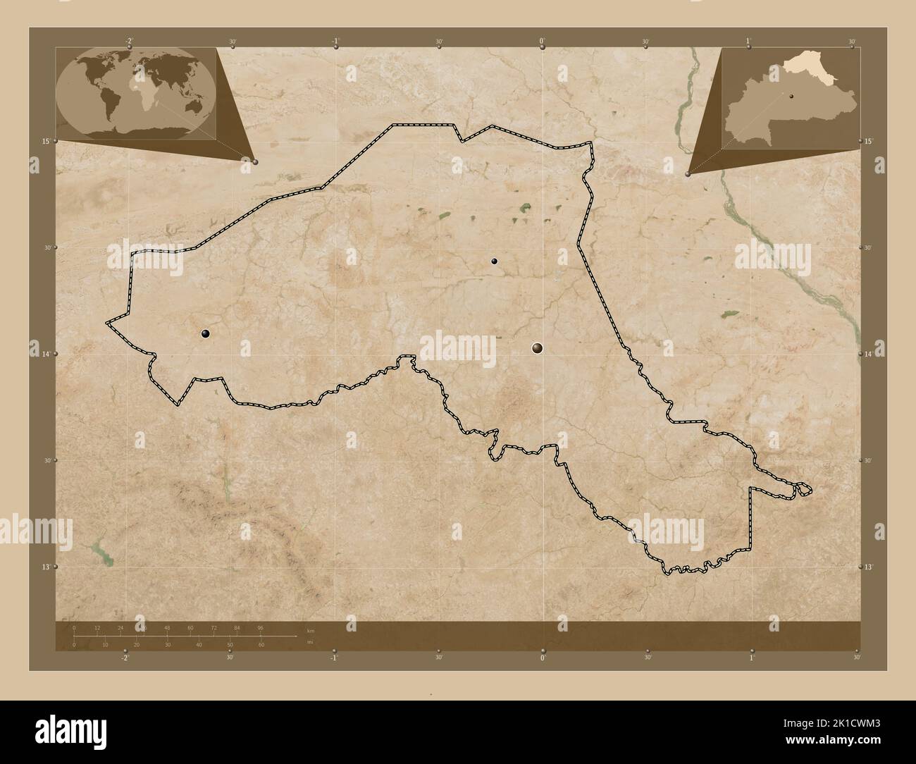 Sahel, region of Burkina Faso. Low resolution satellite map. Locations ...