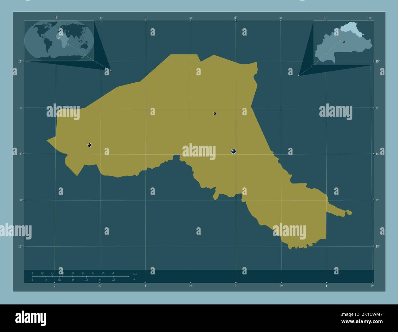 Sahel, region of Burkina Faso. Solid color shape. Locations of major ...