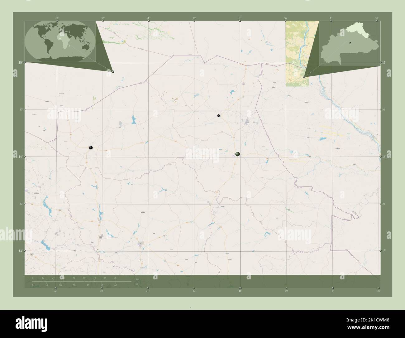 Sahel, region of Burkina Faso. Open Street Map. Locations of major ...