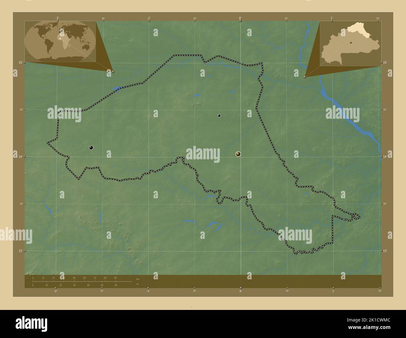 Sahel, region of Burkina Faso. Colored elevation map with lakes and ...