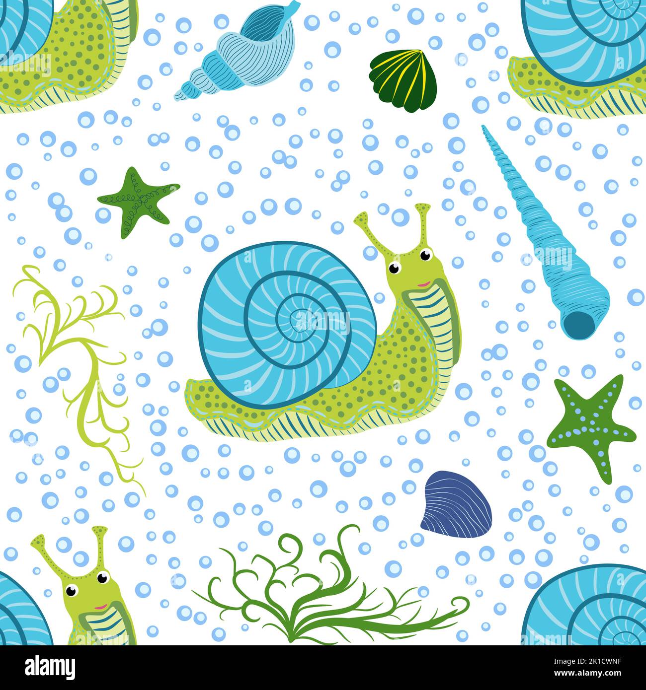Snail, sea inhabitants seamless pattern, beautiful character among ...