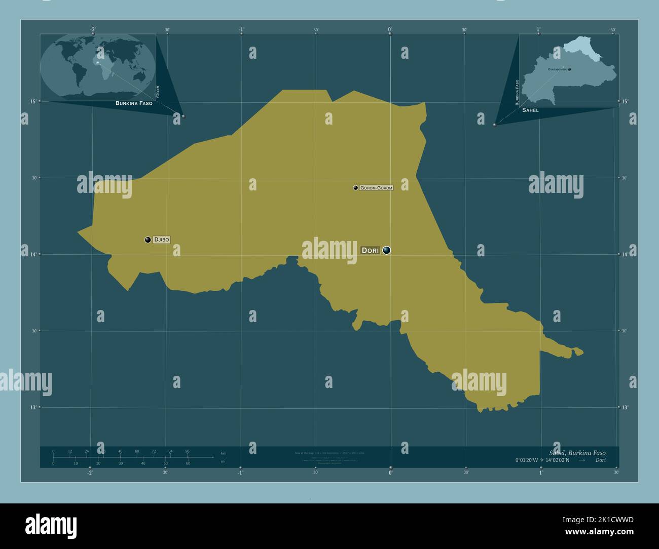 Sahel, region of Burkina Faso. Solid color shape. Locations and names ...