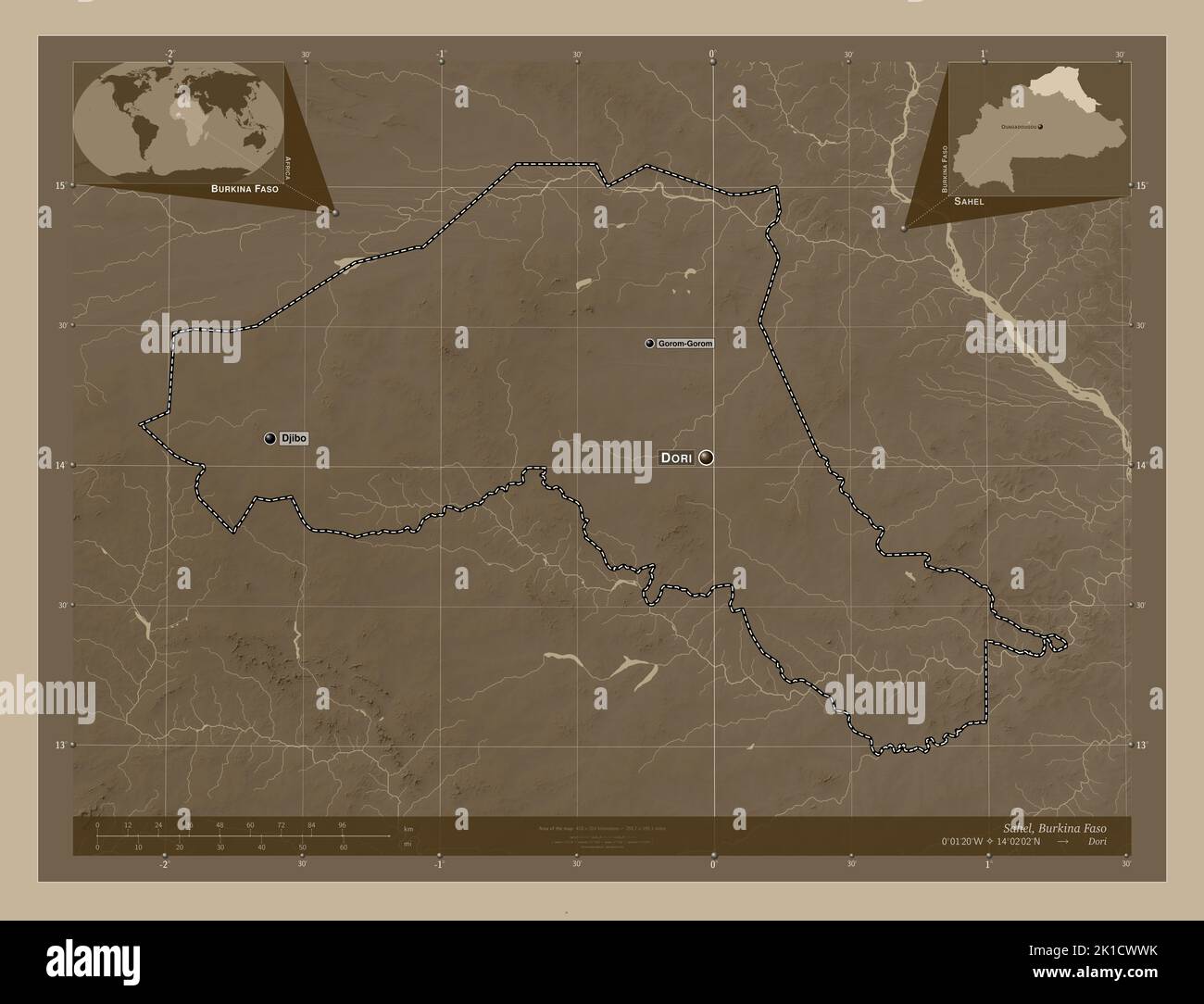 Sahel, region of Burkina Faso. Elevation map colored in sepia tones ...