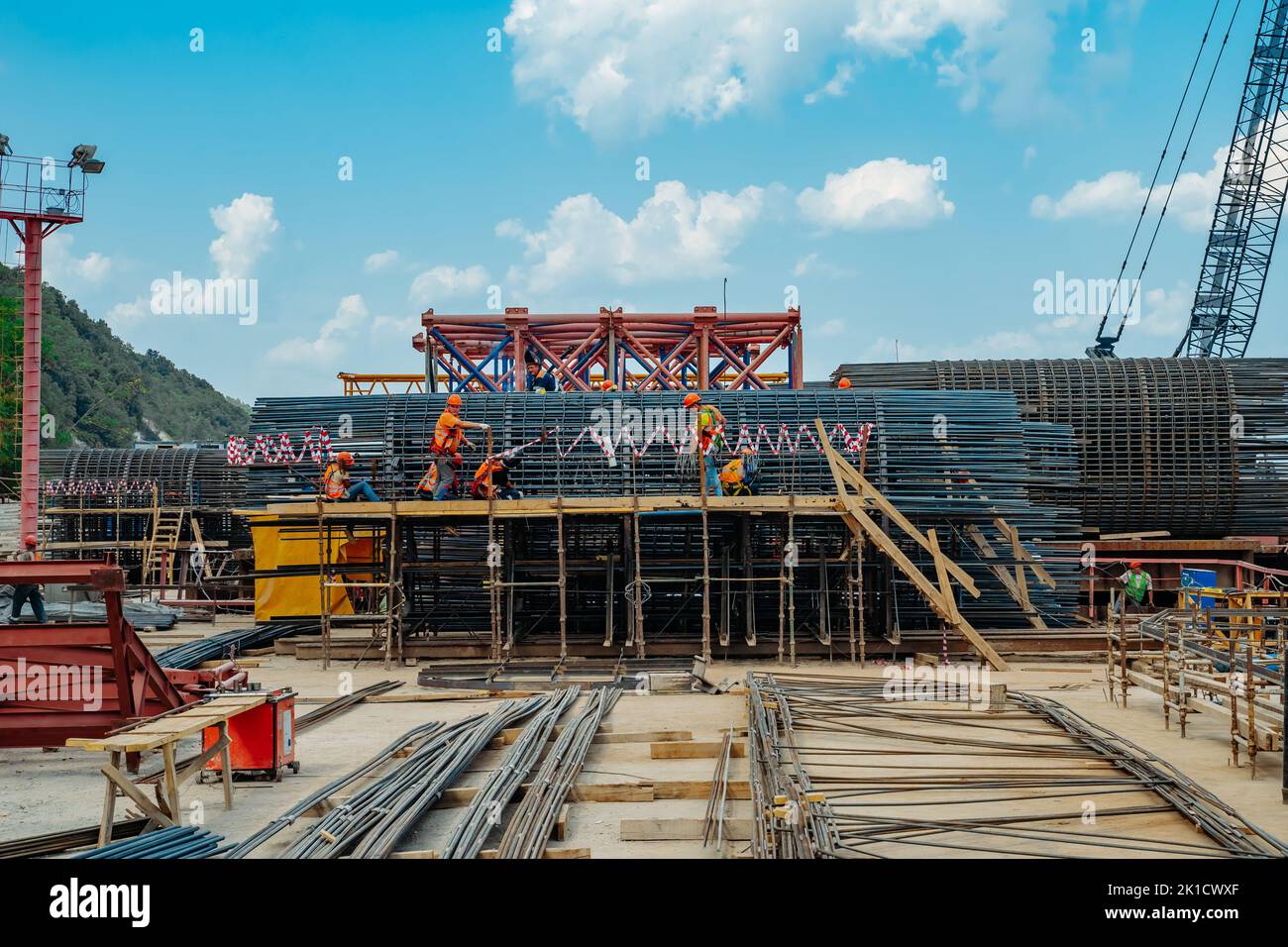 Tatarstan, Russia. August 26, 2022. Rebar to build a bridge column ...