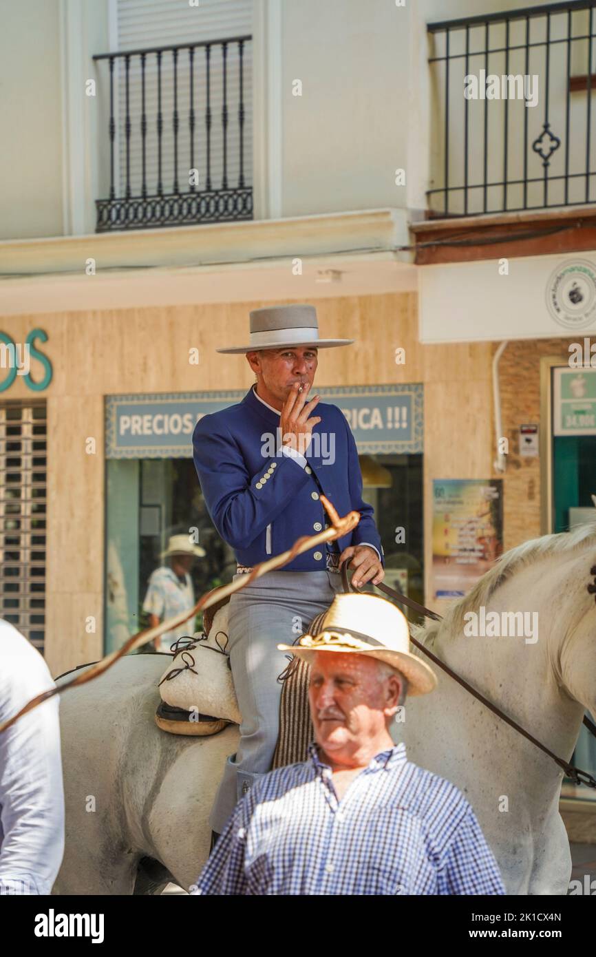 Spanish Man in traditional outfit on horse, during annual Horse day ...