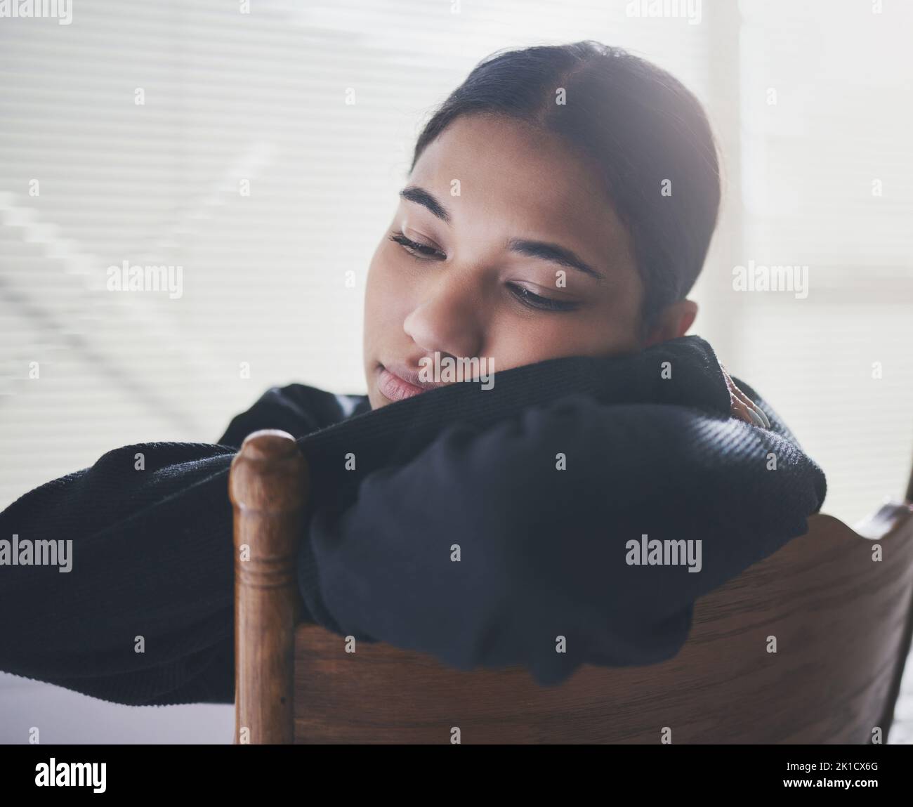 Depression, sad and mental health woman thinking in house room, home ...