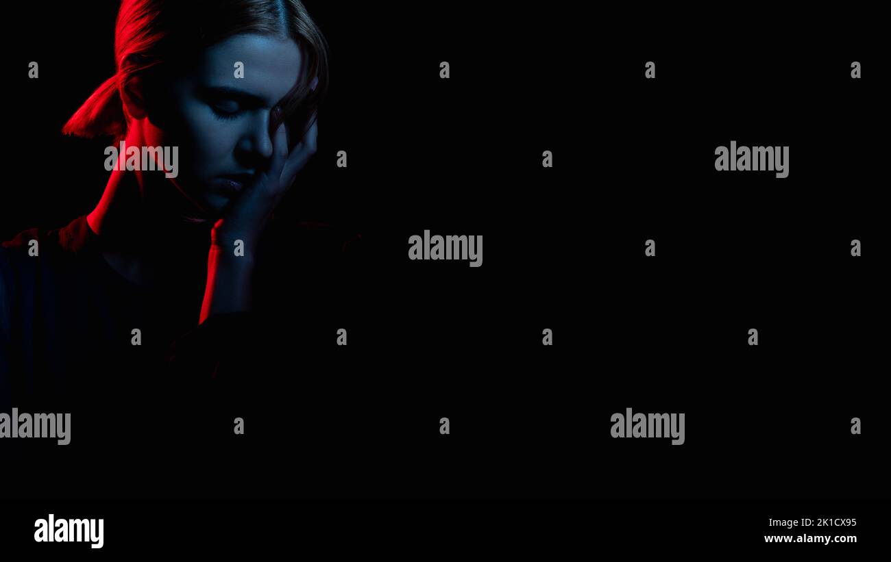 Female silhouette portrait. Psychology support. Exhausted woman crying ...