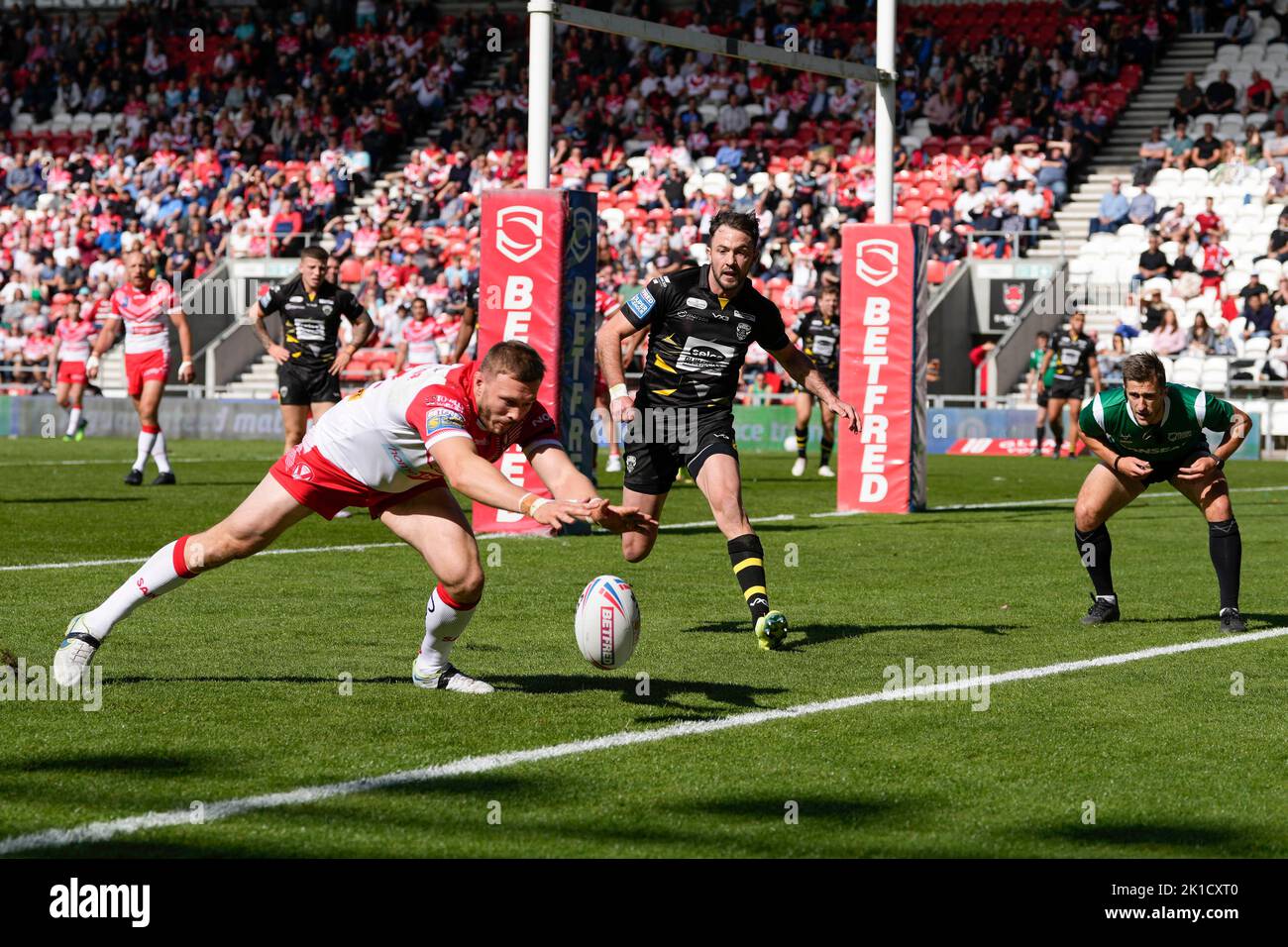 Joe Batchelor #12 of St Helens touches down but it was disallowed ...