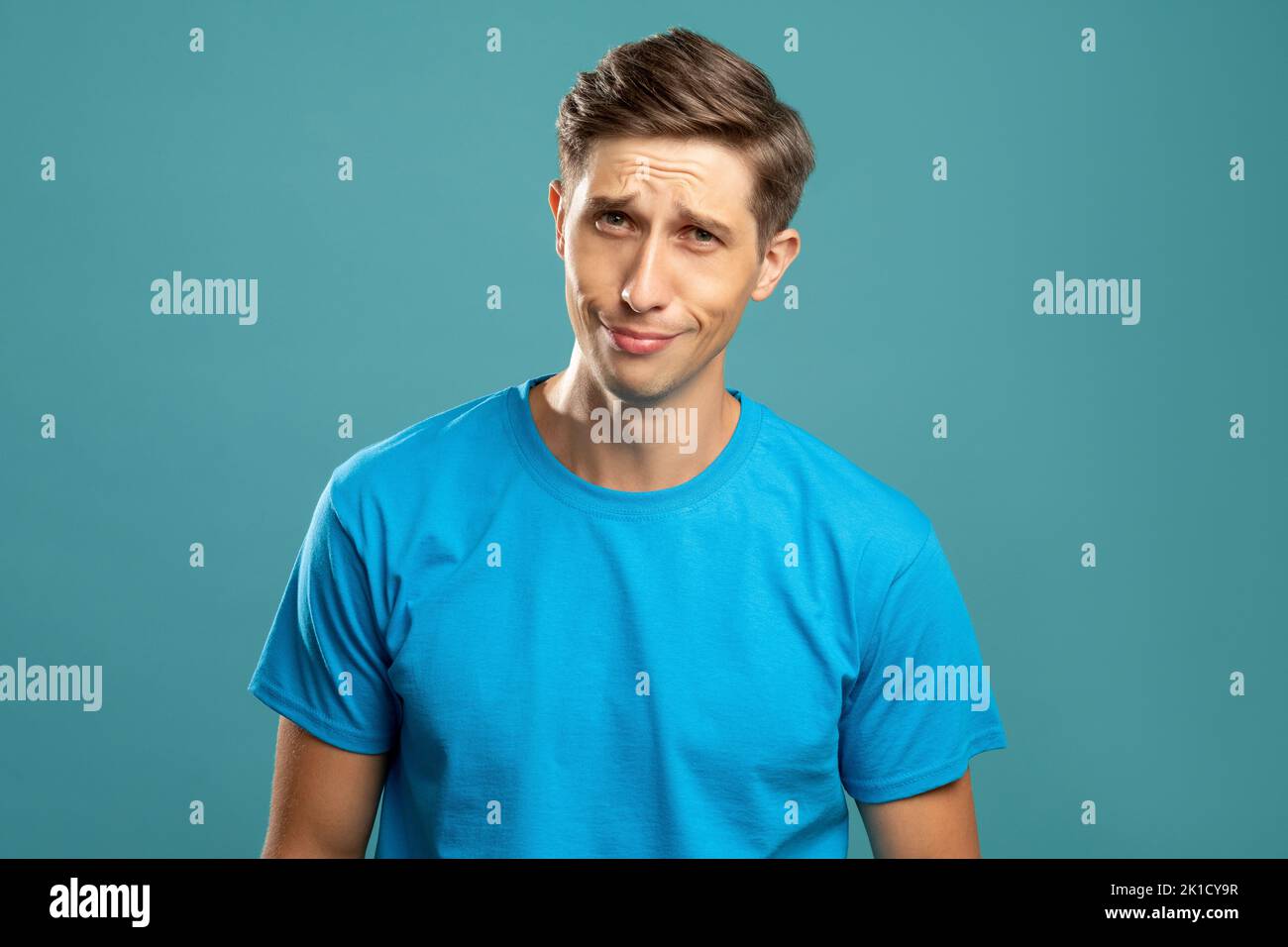 Skeptic male portrait. Puzzled face. Disbelief emotion. Hesitancy ...