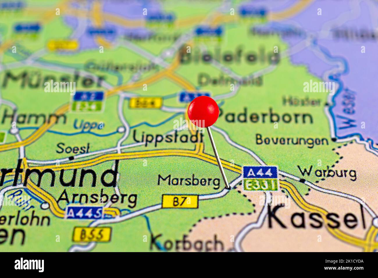 Marsberg map. Close up of Marsberg map with red pin. Map with red pin ...