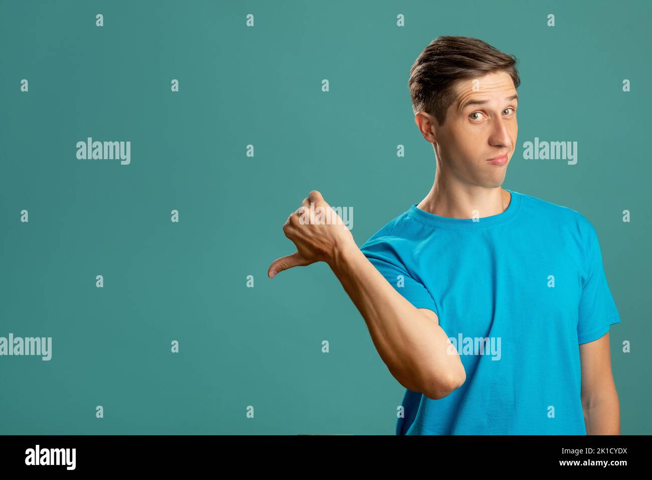 Skeptic man. Dislike gesture. Critical blaming. Bad job. Loser failure ...