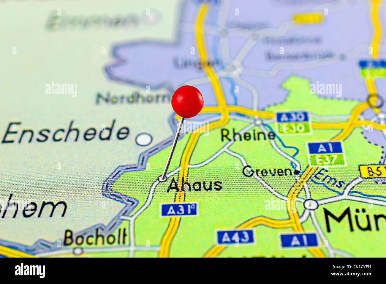 Ahaus map. Close up of Ahaus map with red pin. Map with red pin point ...