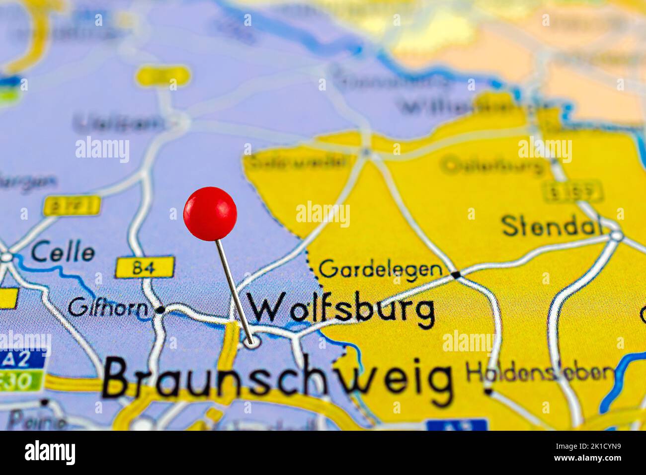 Wolfsburg map. Close up of Wolfsburg map with red pin. Map with red pin ...