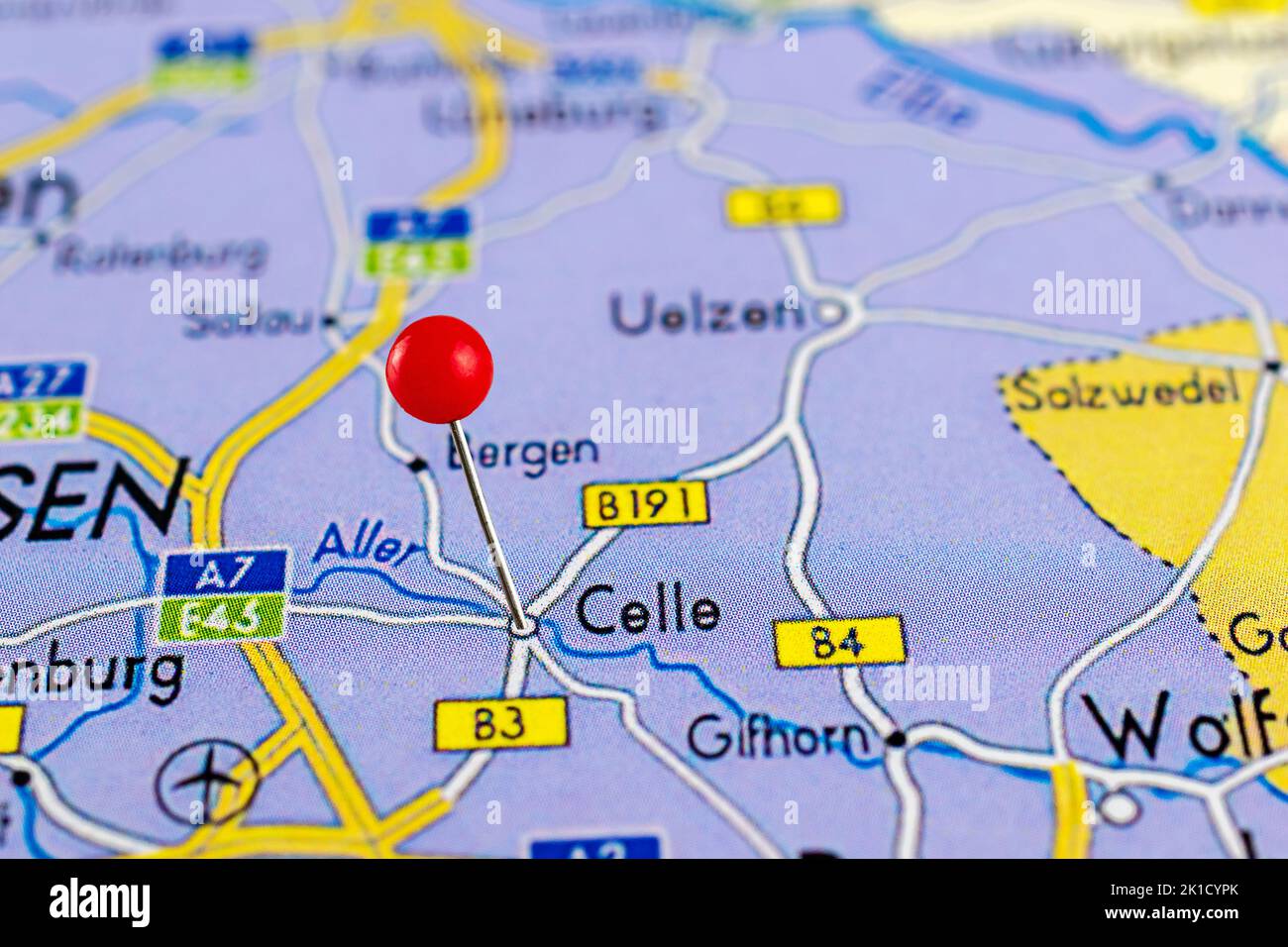 Celle map. Close up of Celle map with red pin. Map with red pin point ...