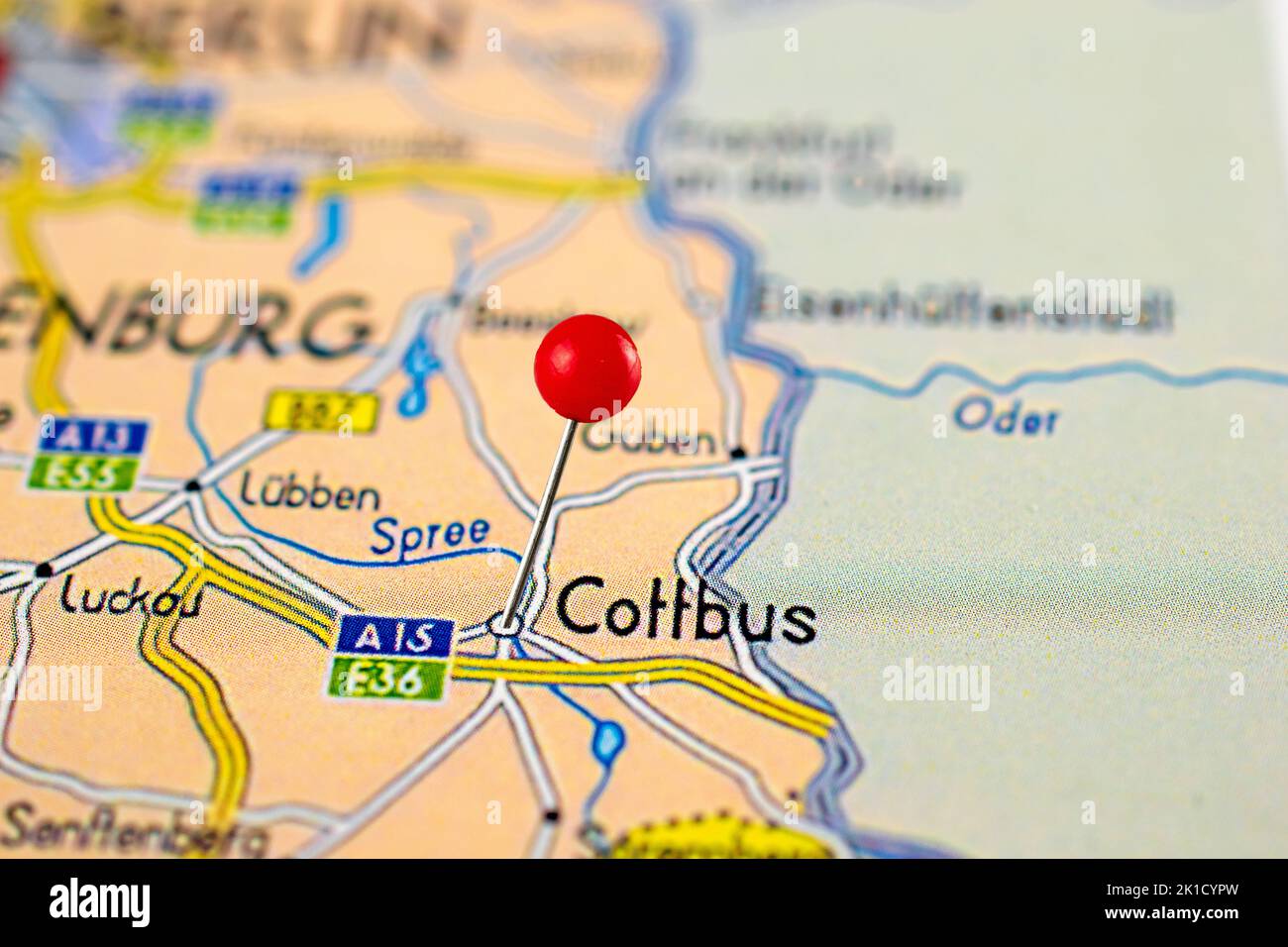 Cottbus map. Close up of Cottbus map with red pin. Map with red pin ...
