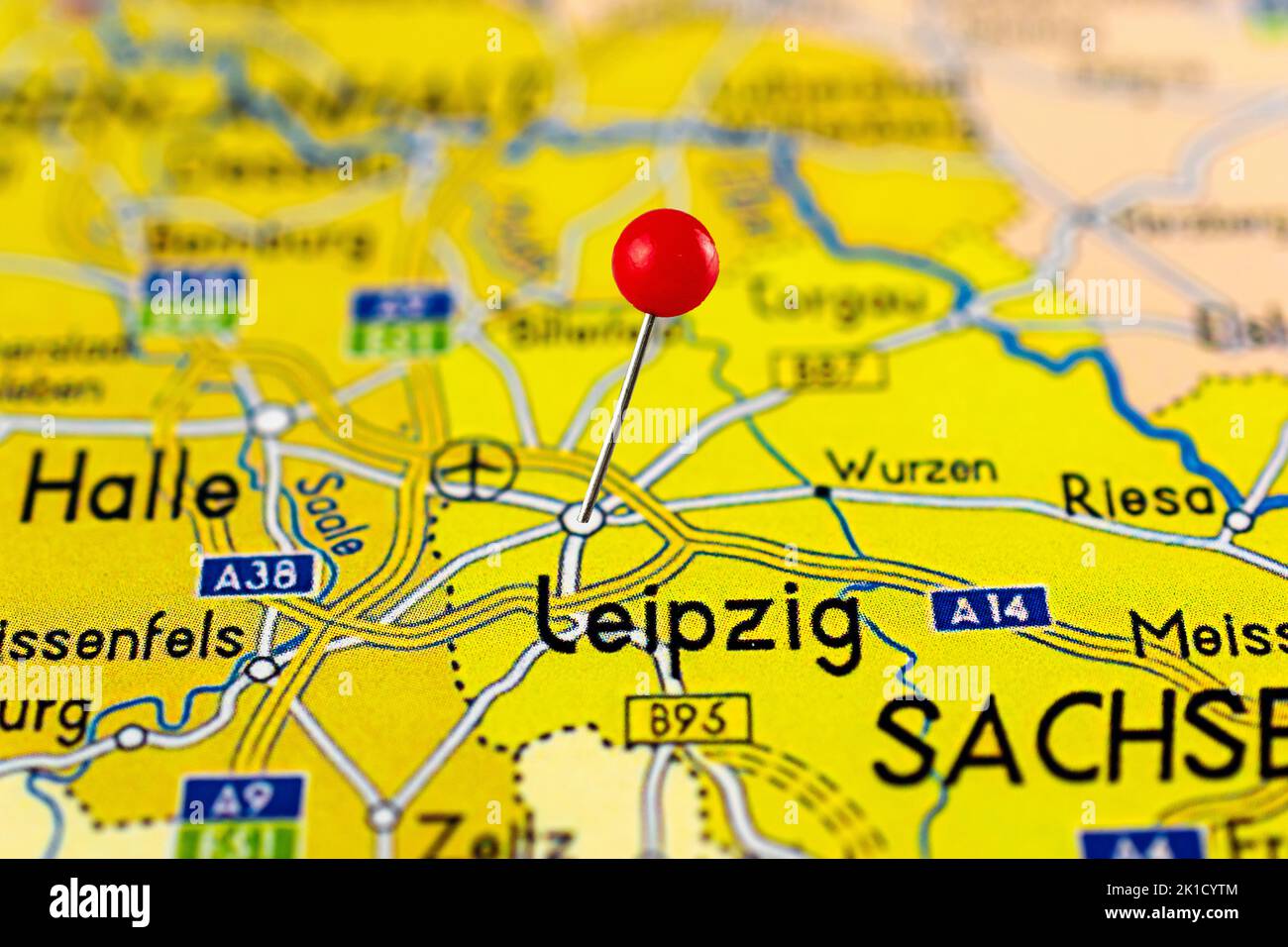 Leipzig map. Close up of Leipzig map with red pin. Map with red pin ...